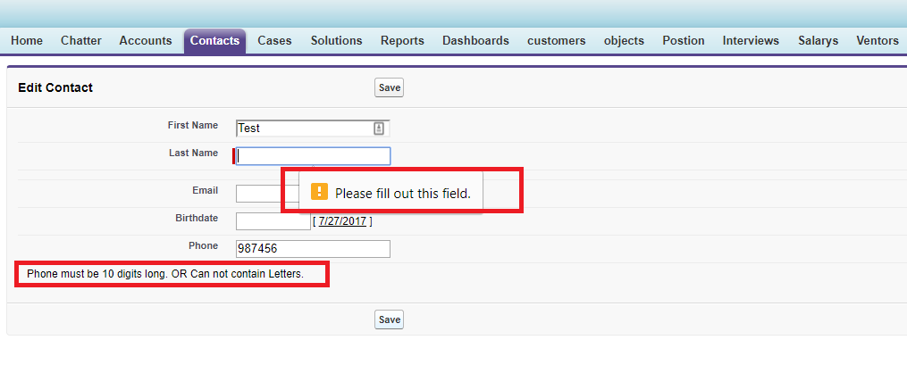 Validation Rules on the VF page for Phone and Name in Salesforce