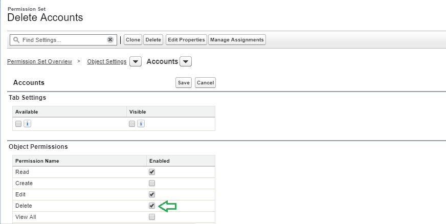 How to Allow User to Delete Accounts Using Permission Set