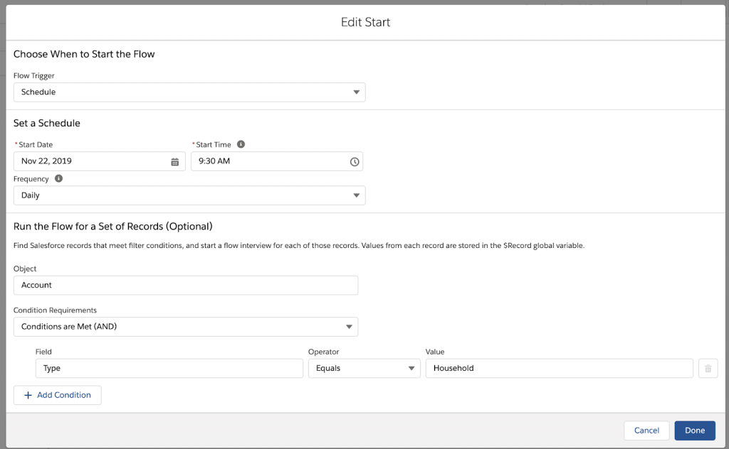 How to start a flow on schedule in Salesforce