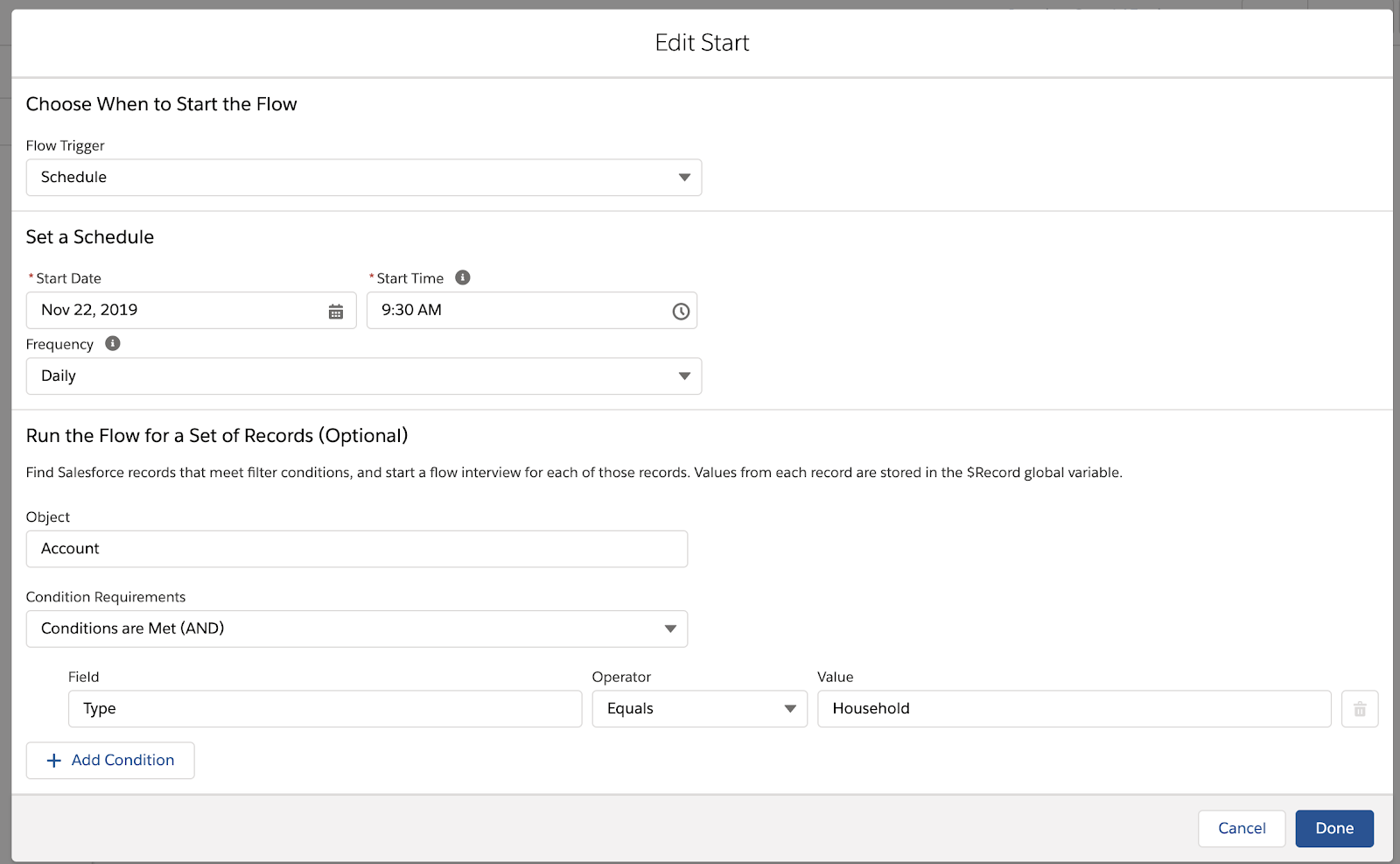How to start a flow on schedule in Salesforce