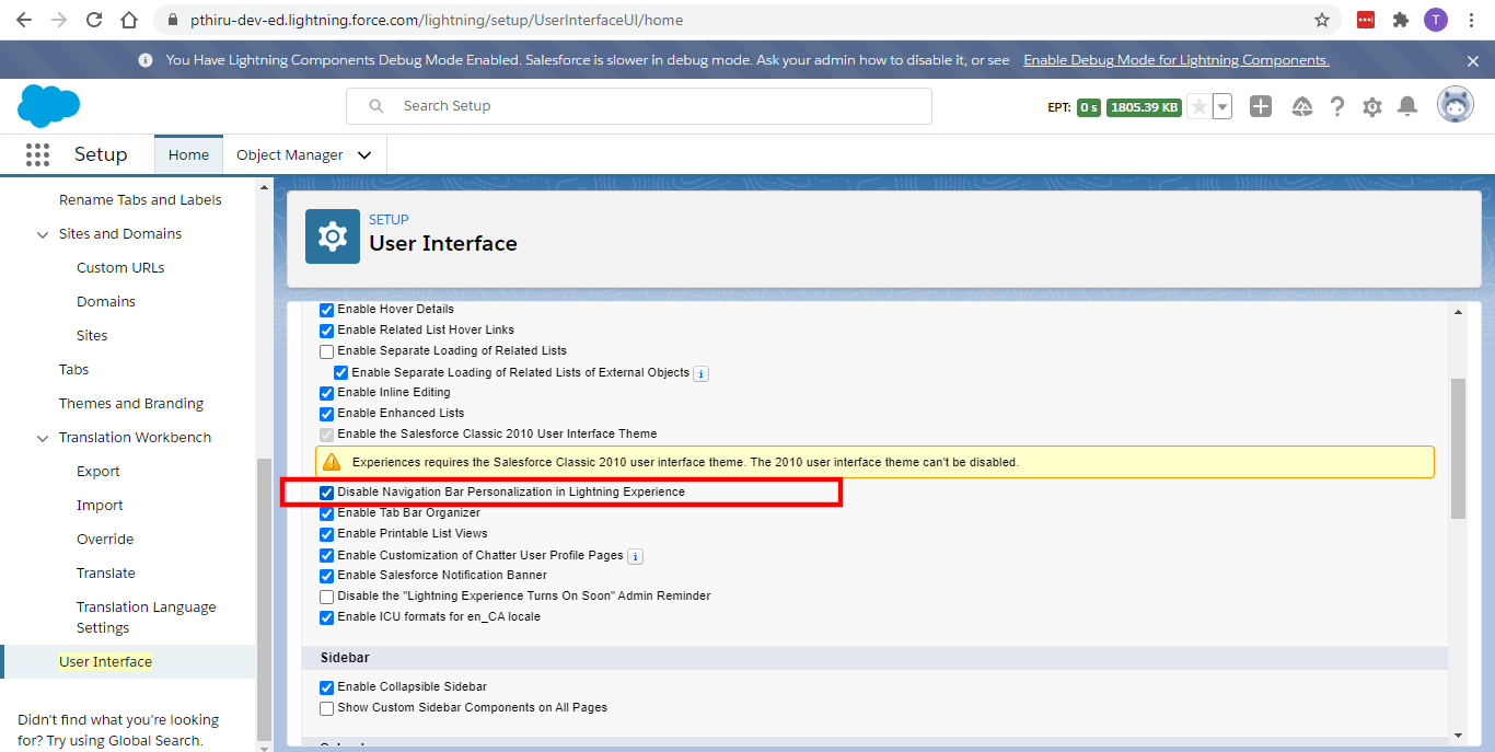 How to Disable Navigation Bar Personalized in Salesforce