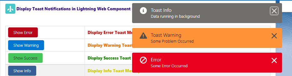 How to Display Toast Notifications in Salesforce Lightning Web Component How to Display Toast Notifications in Salesforce Lightning Web Component