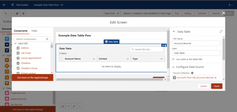 How to create a data table in salesforce screen flow?